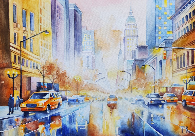 Original Manhattan Watercolor Painting • Autumn New York Cityscape Wall ...