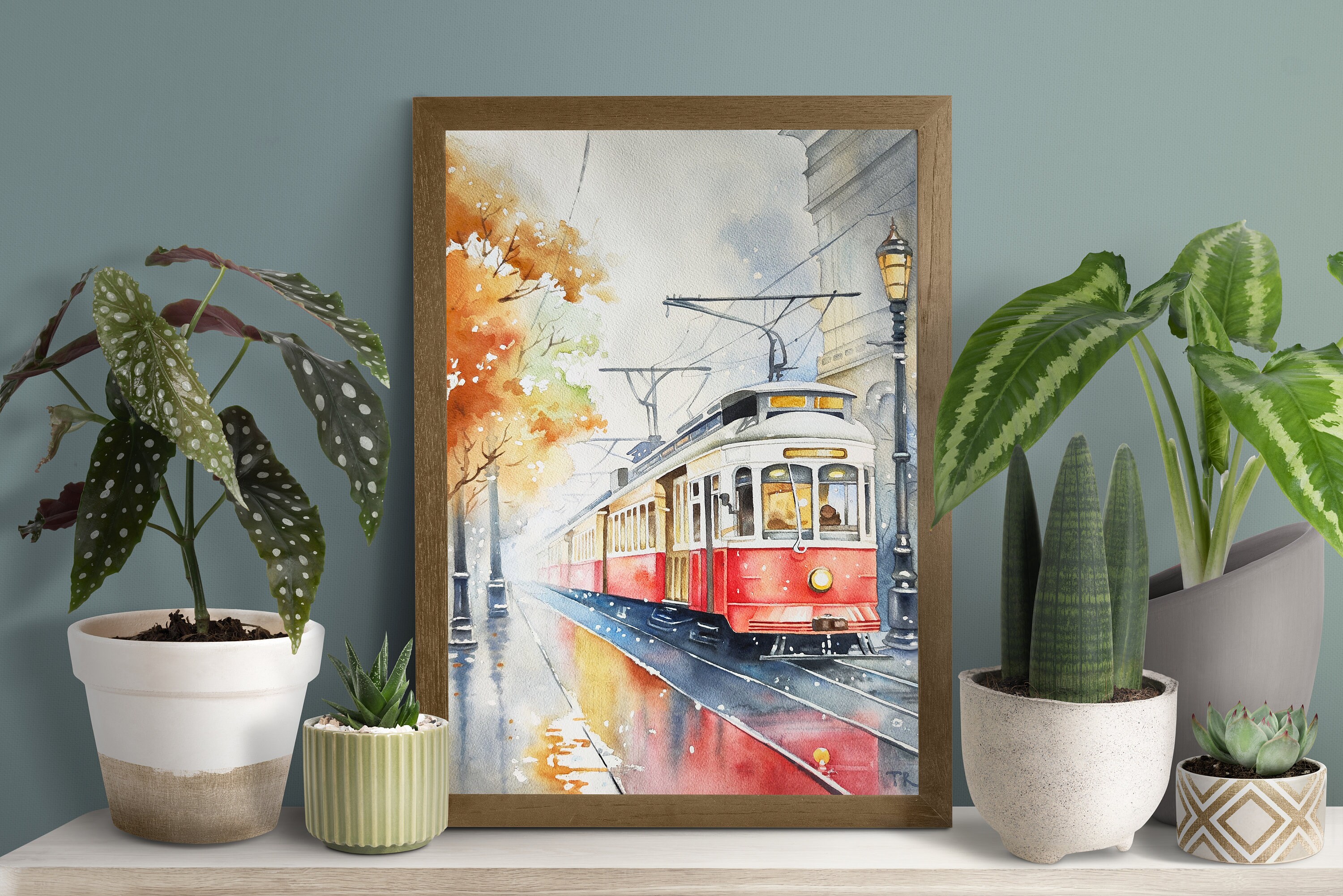 Tram Painting Print · Fall Cityscape Painting · Fall Watercolor ...