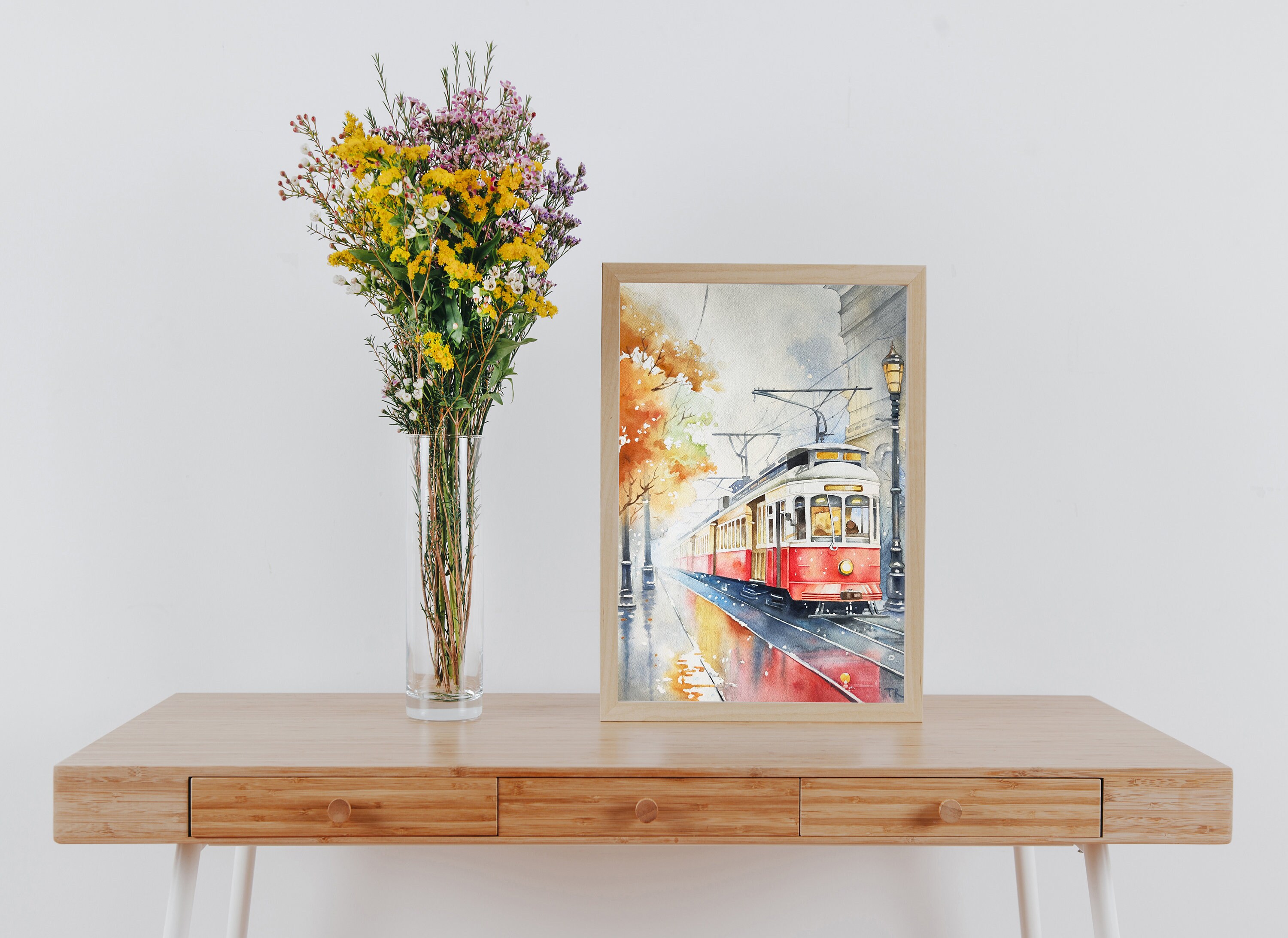 Tram Painting Print · Fall Cityscape Painting · Fall Watercolor ...
