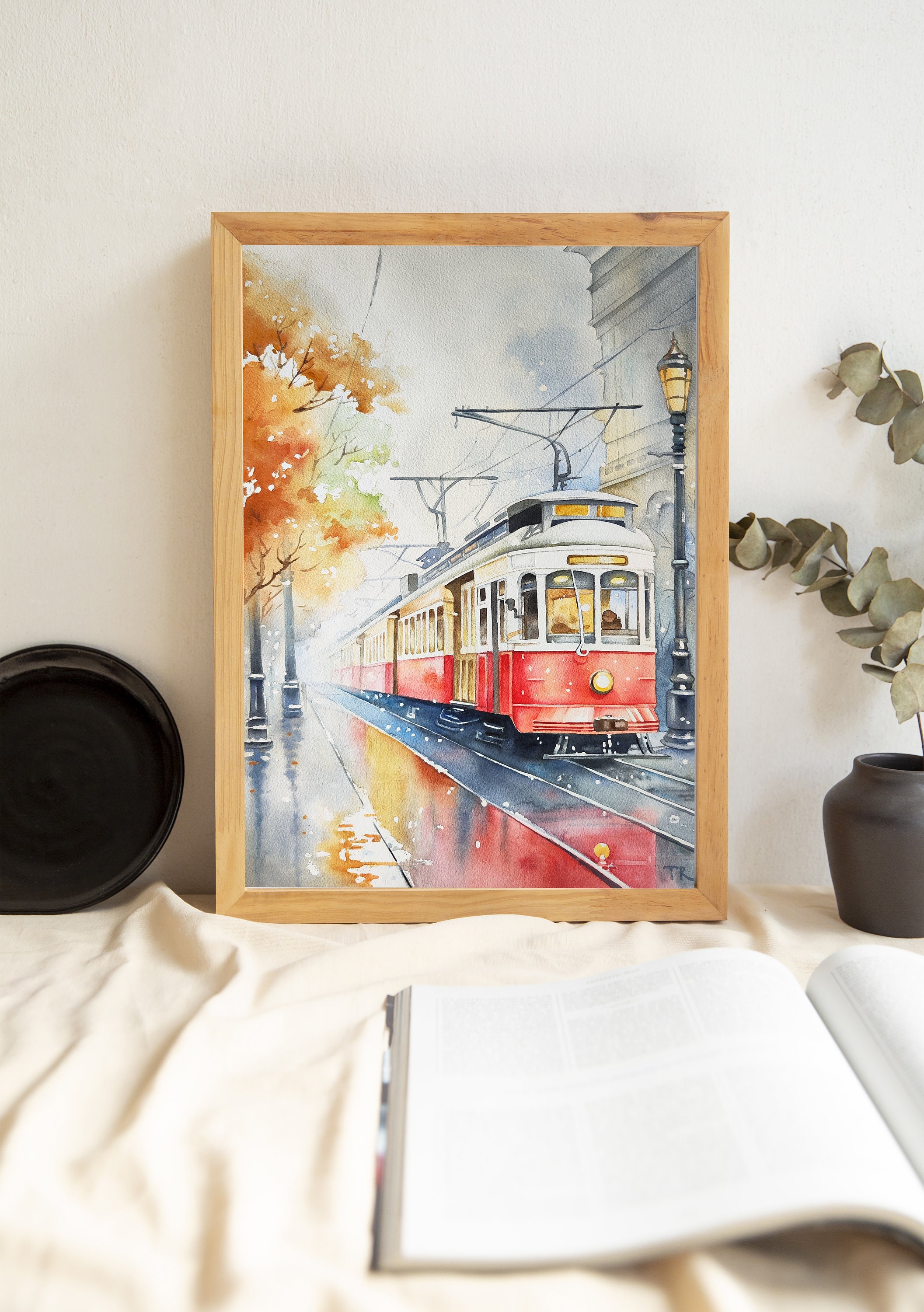 Tram Painting Print · Fall Cityscape Painting · Fall Watercolor ...
