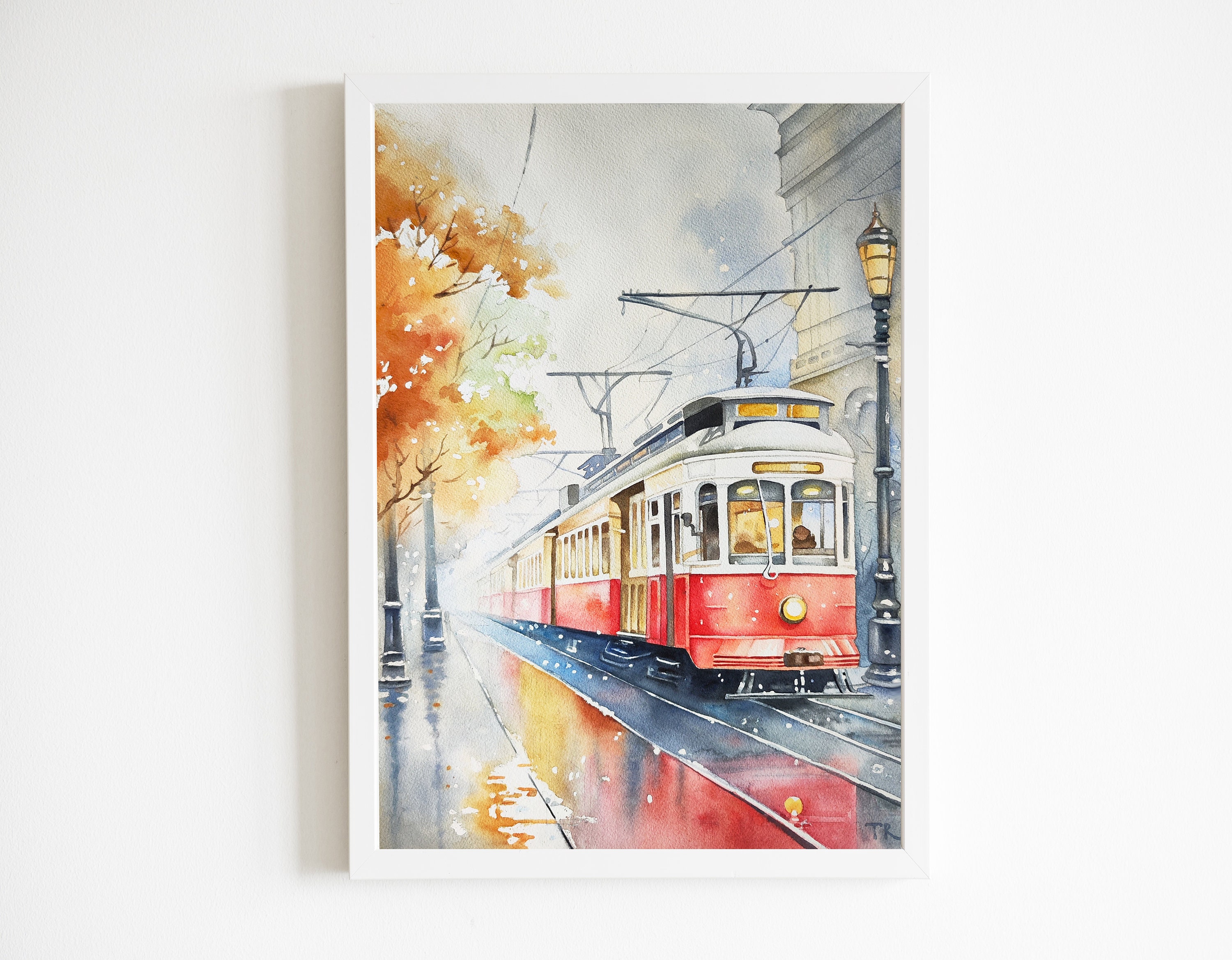 Tram Painting Print · Fall Cityscape Painting · Fall Watercolor ...