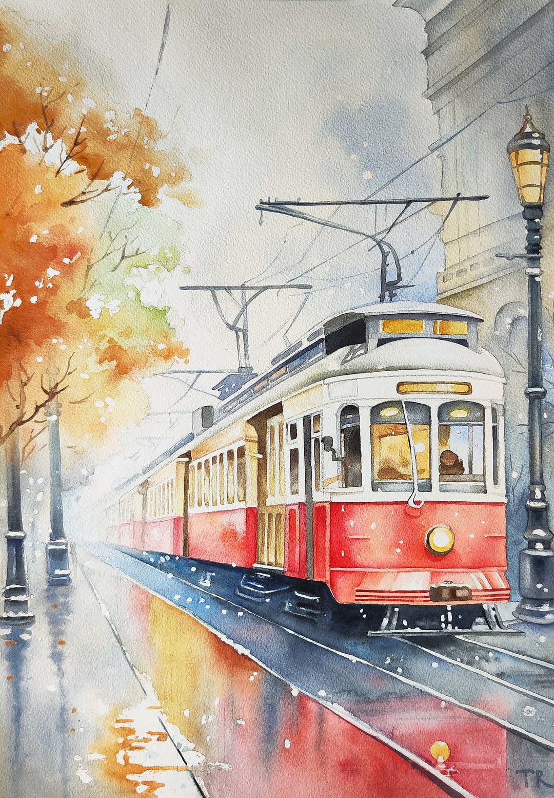 Tram Painting Print · Fall Cityscape Painting · Fall Watercolor ...