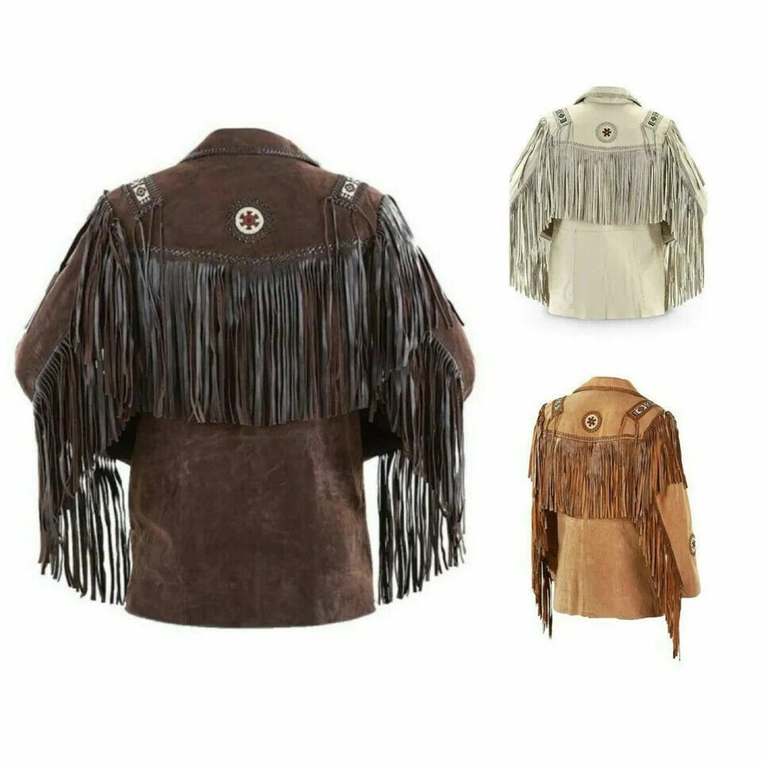 Men Native American Cowboy Leather Jacket Fringe & Beads Western Suede ...