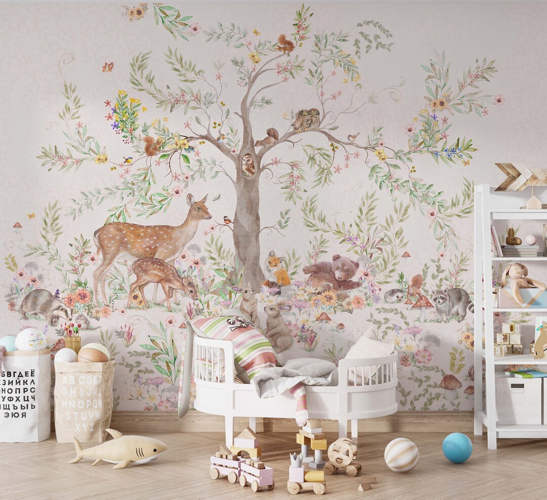 Deer and Tree Animals Wallpaper Kids Wallpaper Peel and - Etsy