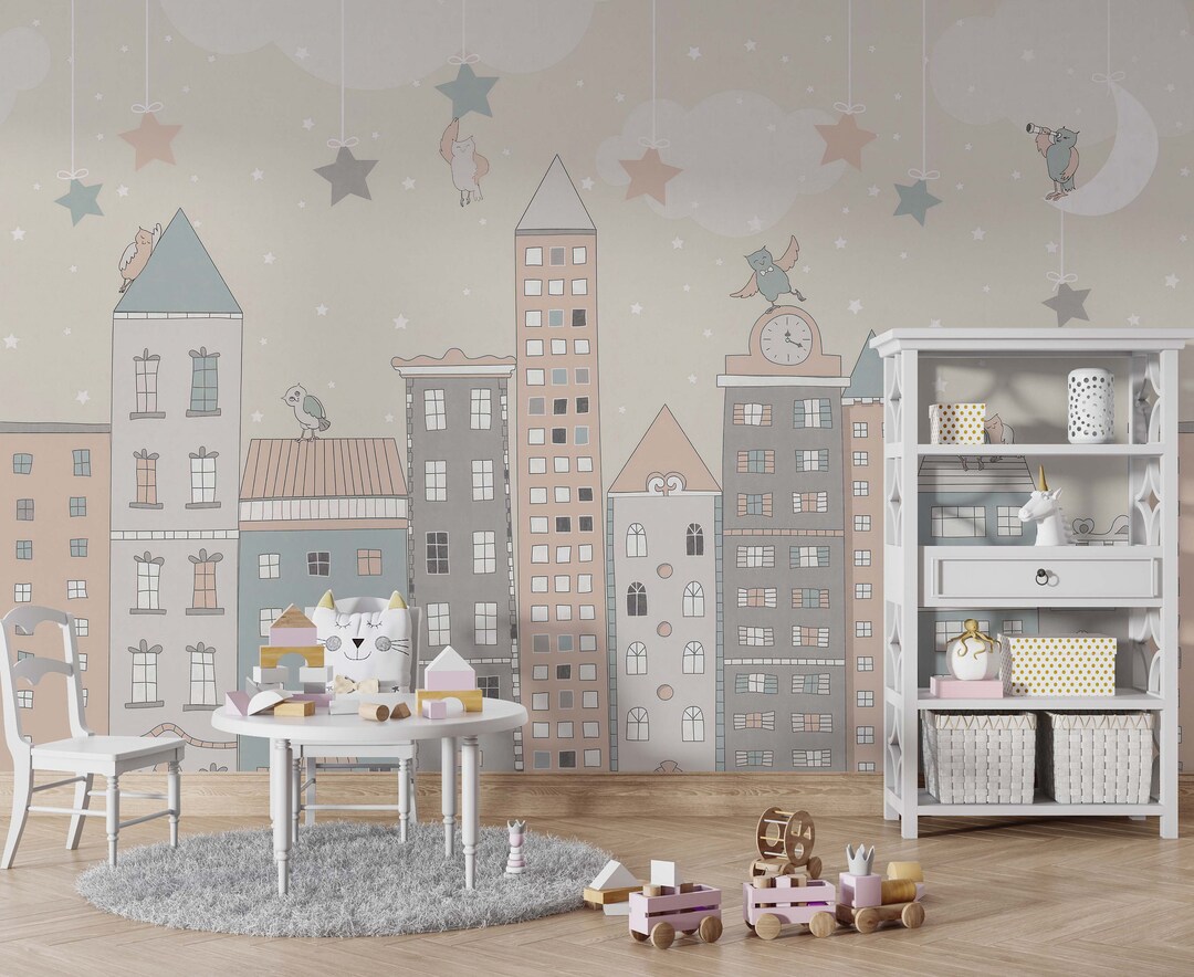 Beige Building Vintage Wallpaper Kids Wallpaper Peel and - Etsy