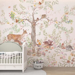 Deer and Tree Animals Wallpaper Kids Wallpaper Peel and - Etsy