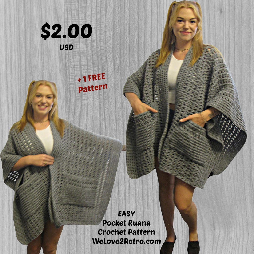 111-2 Easy Pocket Ruana Crochet Pattern +1 FREE CROCHET PATTERN ...