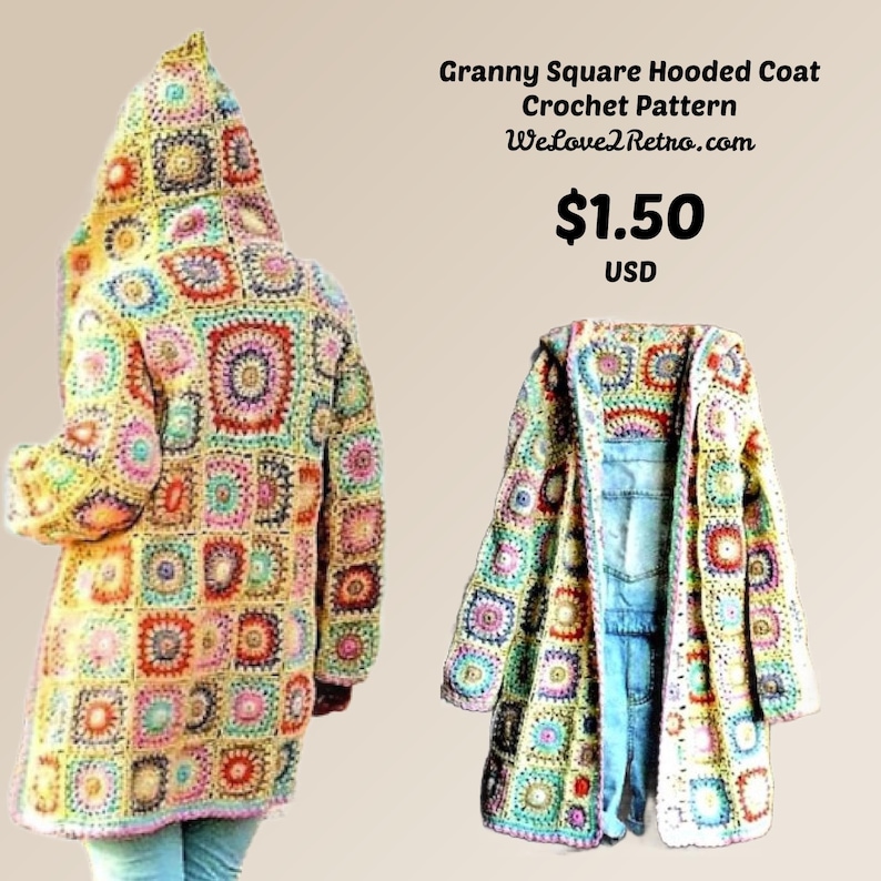 Crochet Hooded Coat Pattern PDF – Easy Boho Jacket, Vintage Cardigan ...