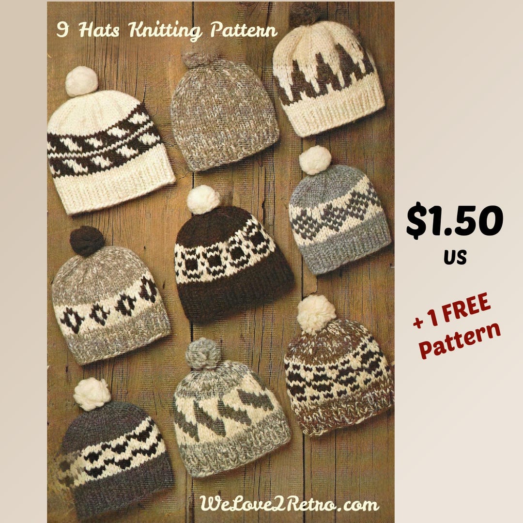 256 -8 Vintage Wool Hat Knitting Patterns +1 FREE PATTERN, Knit Hat ...