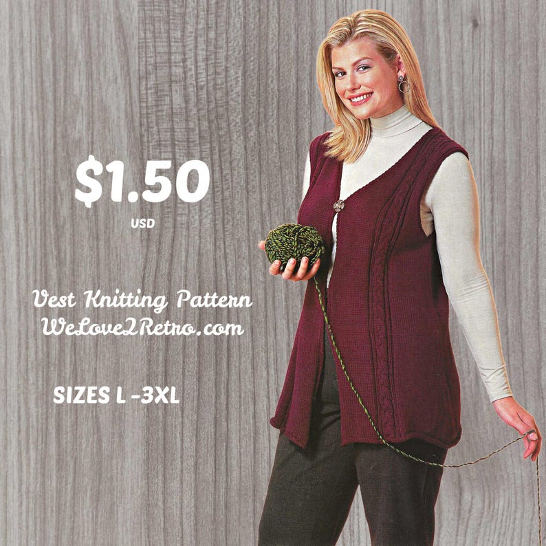 557 Long Vest Knitting Pattern Size L to 3X, +1 FREE PATTERN, Vintage ...