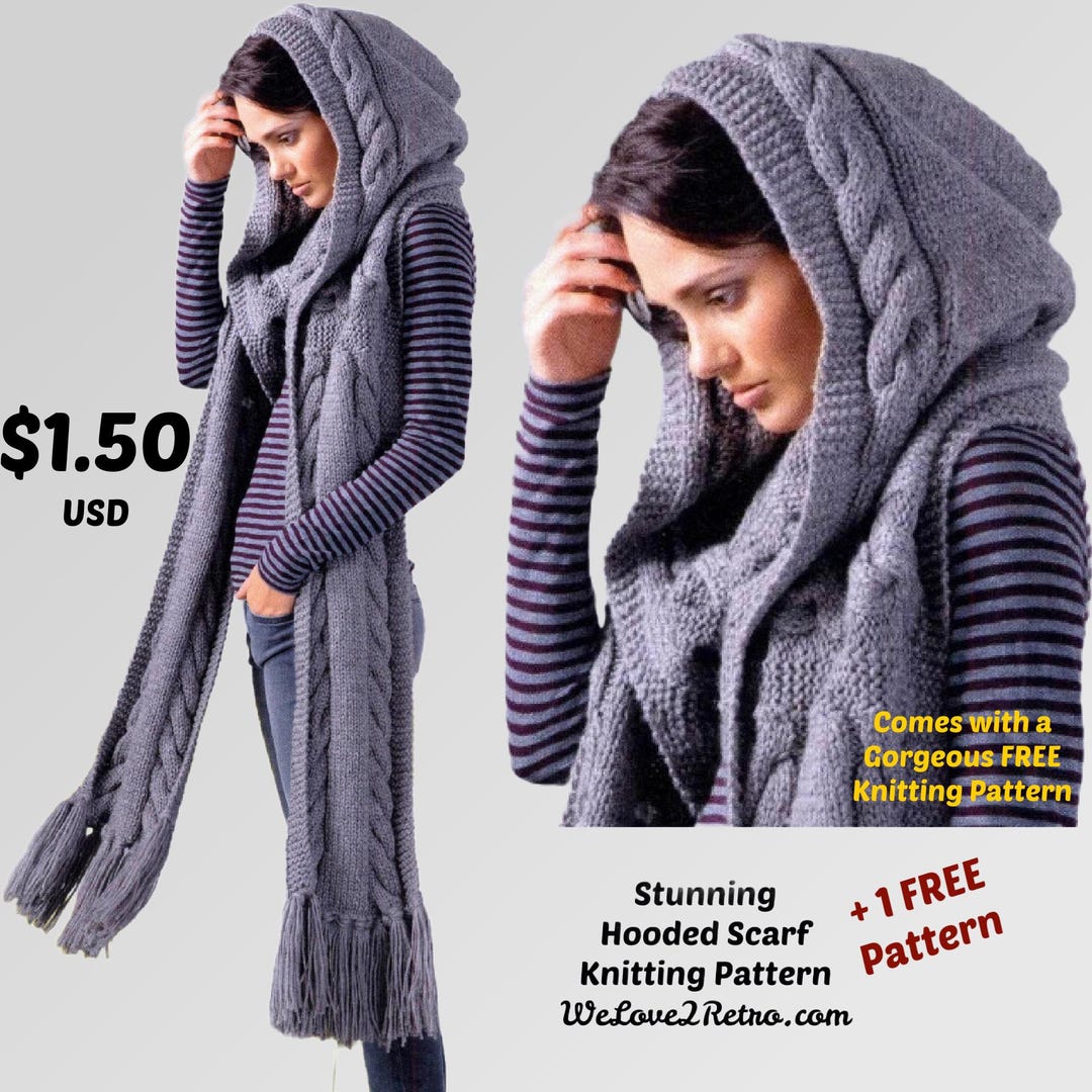824 Stunning Hooded Scarf Knitting Pattern, Knit Hooded Scarf, Knit ...