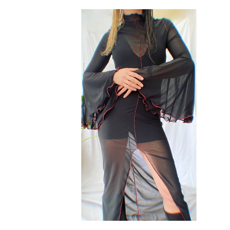 Hand Made Black Mesh Dress / See-through Long Flounce Sleeve Dress ...