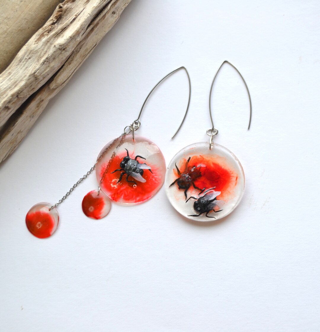 Mismatched Bizarre Earrings With a Flies, Insects Inclusion, Preserved ...