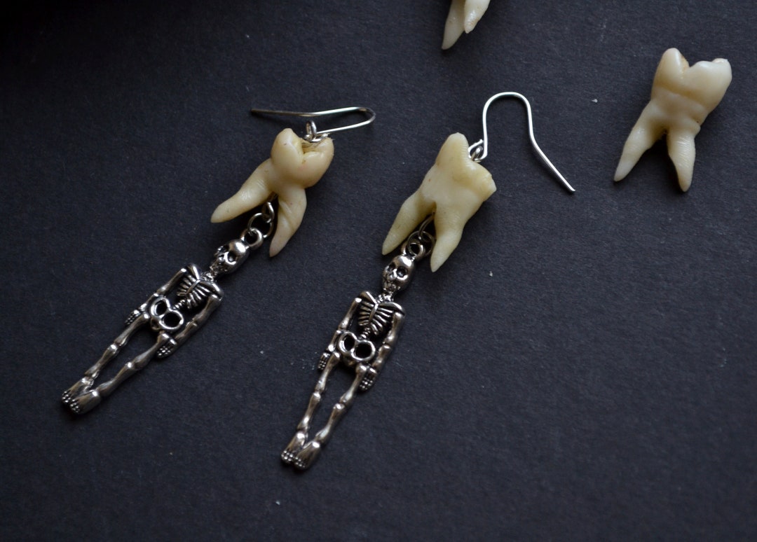 Teeth and Skeleton Earrings Pair, Dangling Human Tooth, Handmade Molars ...