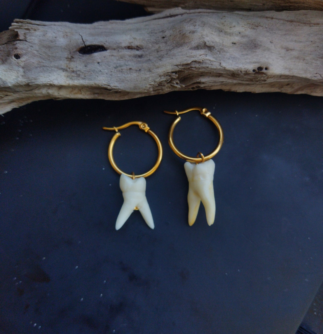 Gothic Teeth Earrings Pair on Golden Hoops , Human Tooth, Handmade ...