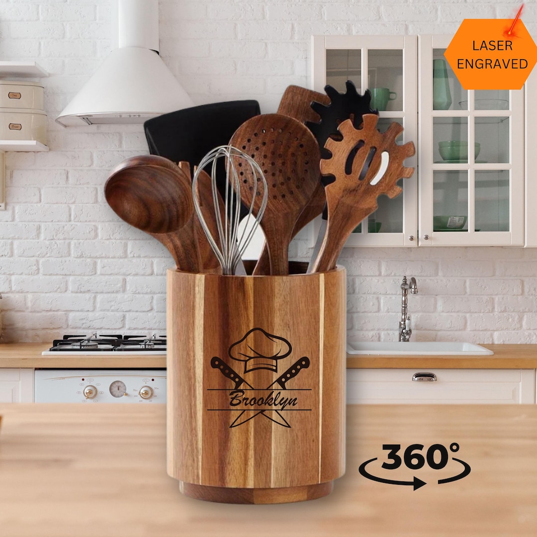 Custom Wooden Utensil Holder, Personalized Rotating Kitchen Utensil ...