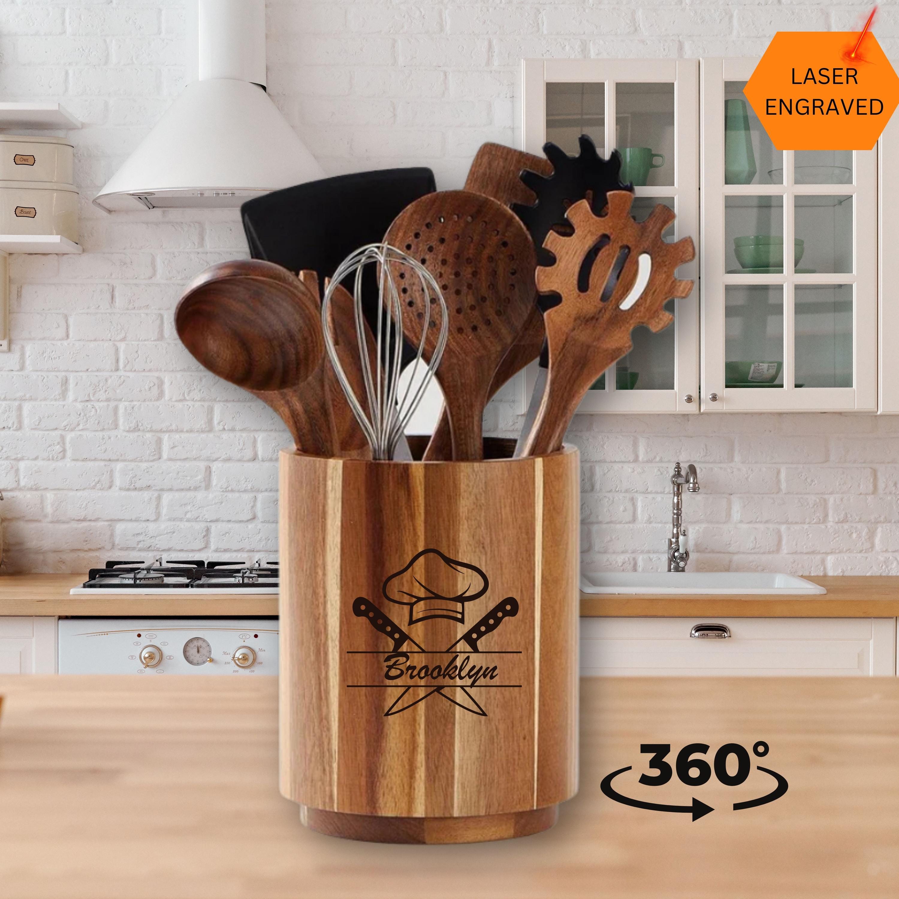 Custom Wooden Utensil Holder, Personalized Rotating Kitchen Utensil ...