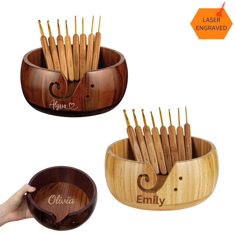 Custom Wooden Yarn Bowl, Personalized Knitting Bowl With 8pcs Hooks ...