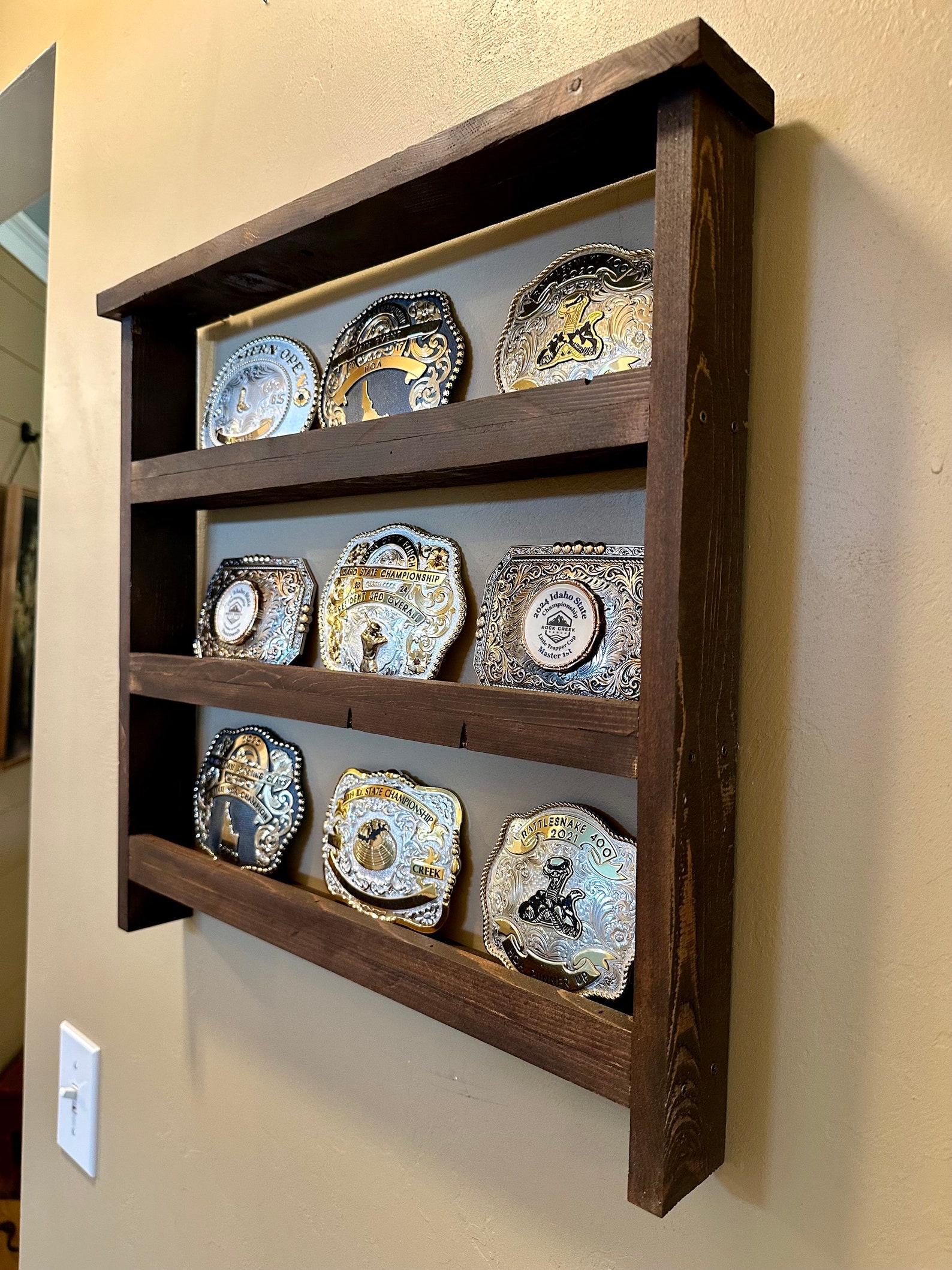 9 Belt Buckle Display Shelf 18.5H X 18.25W X 2.5D Rustic Barnwood Style ...
