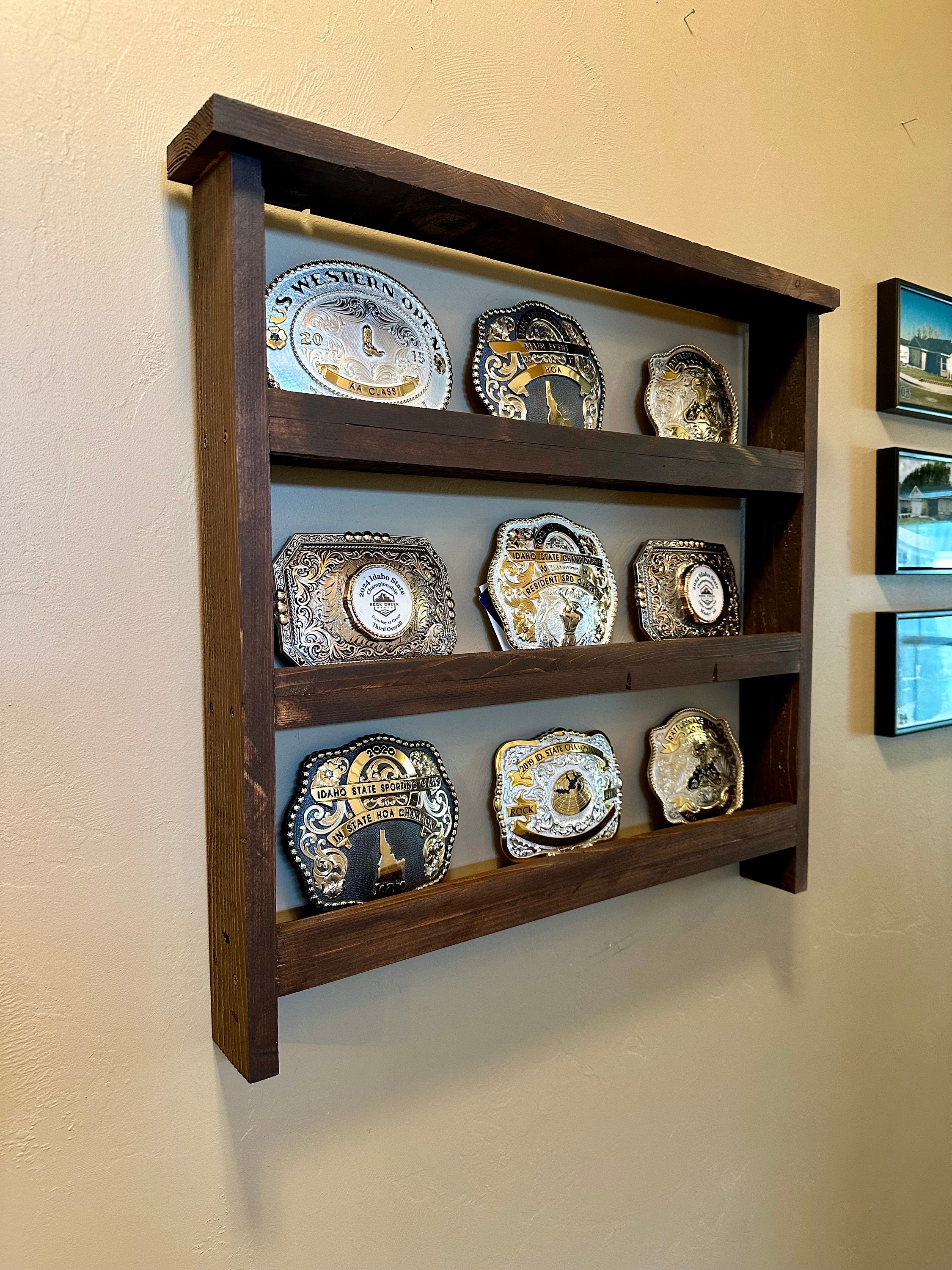 9 Belt Buckle Display Shelf 18.5H X 18.25W X 2.5D Rustic Barnwood Style ...