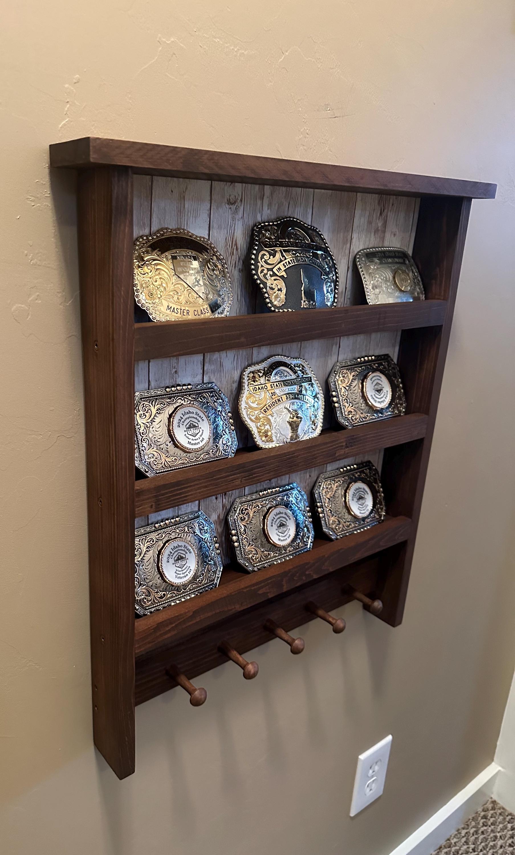9 Belt Buckle & Ribbon Display 20.5H X 18.25W X 2.5D. Faux Barnwood ...