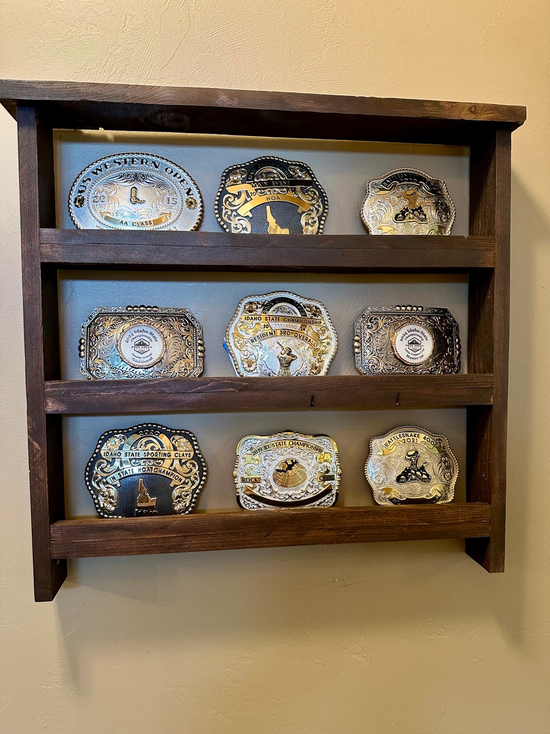 9 Belt Buckle Display Shelf 18.5H X 18.25W X 2.5D Rustic Barnwood Style ...