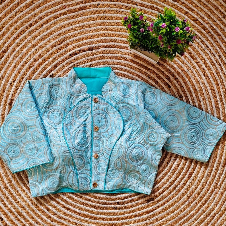 Beautiful Golden Sequence Work Jacket Style Blouse, Tone to Tone Tread ...