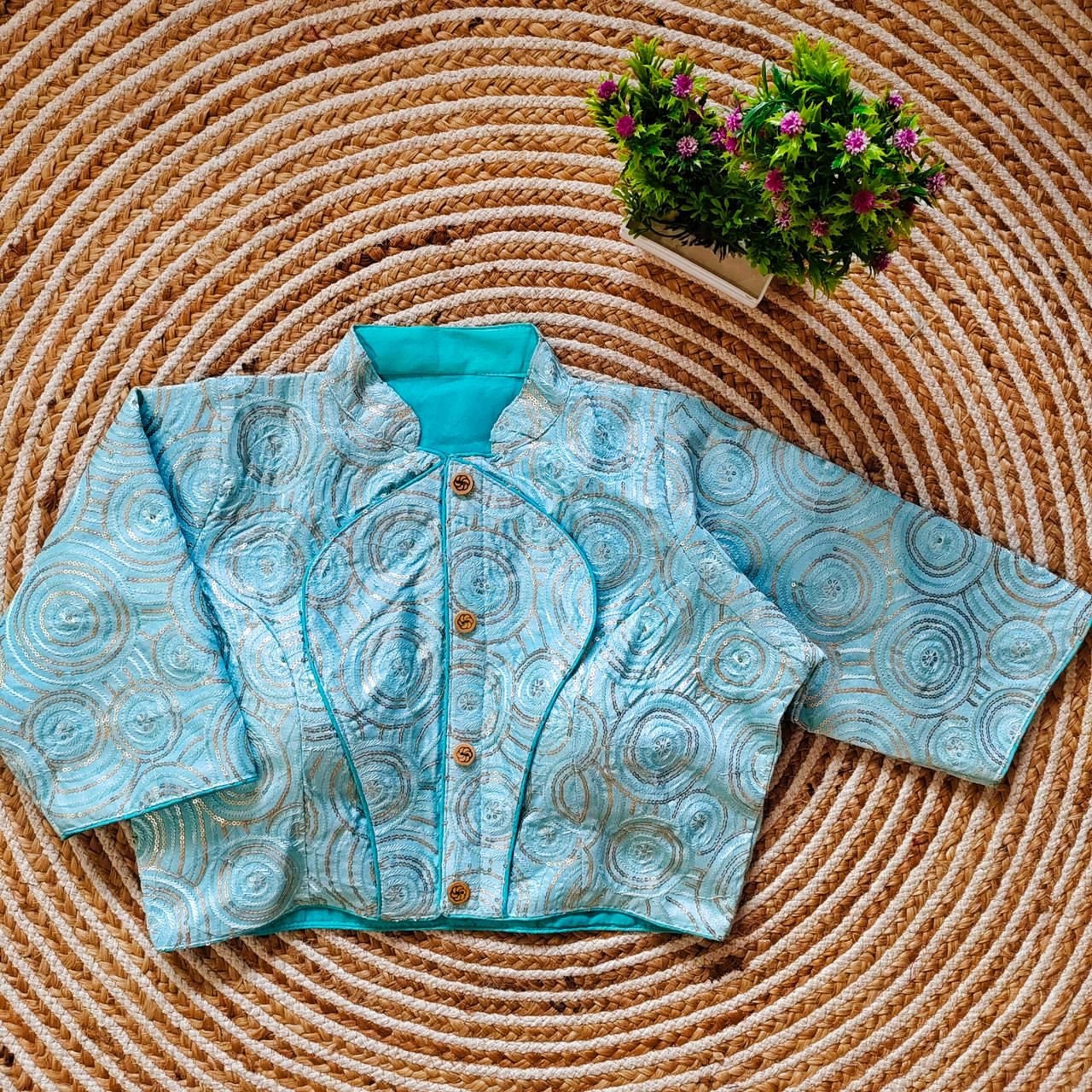 Beautiful Golden Sequence Work Jacket Style Blouse, Tone to Tone Tread ...