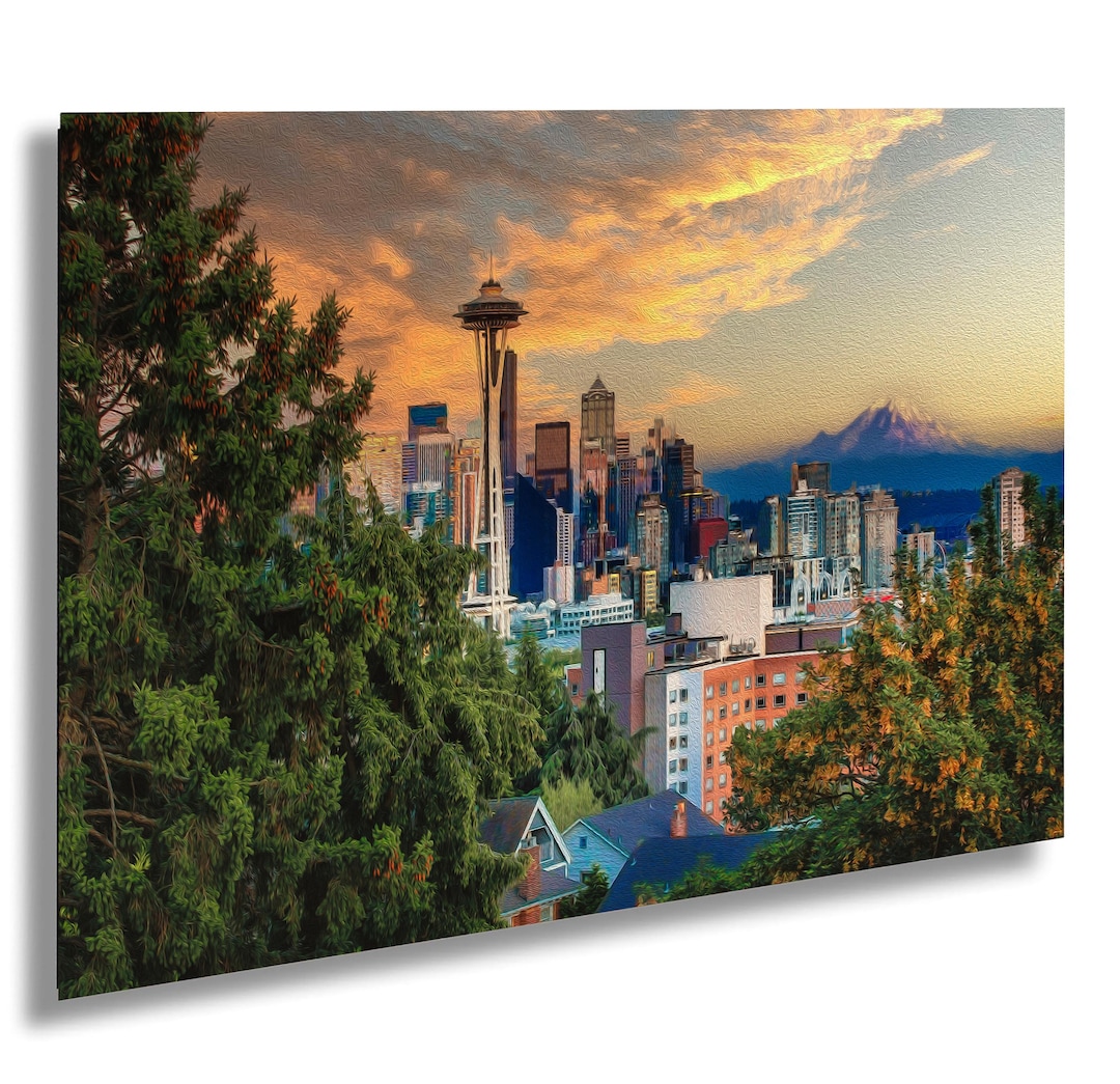 Seattle Washington Skyline Line Art Print, Oil Paint Photo Effect ...