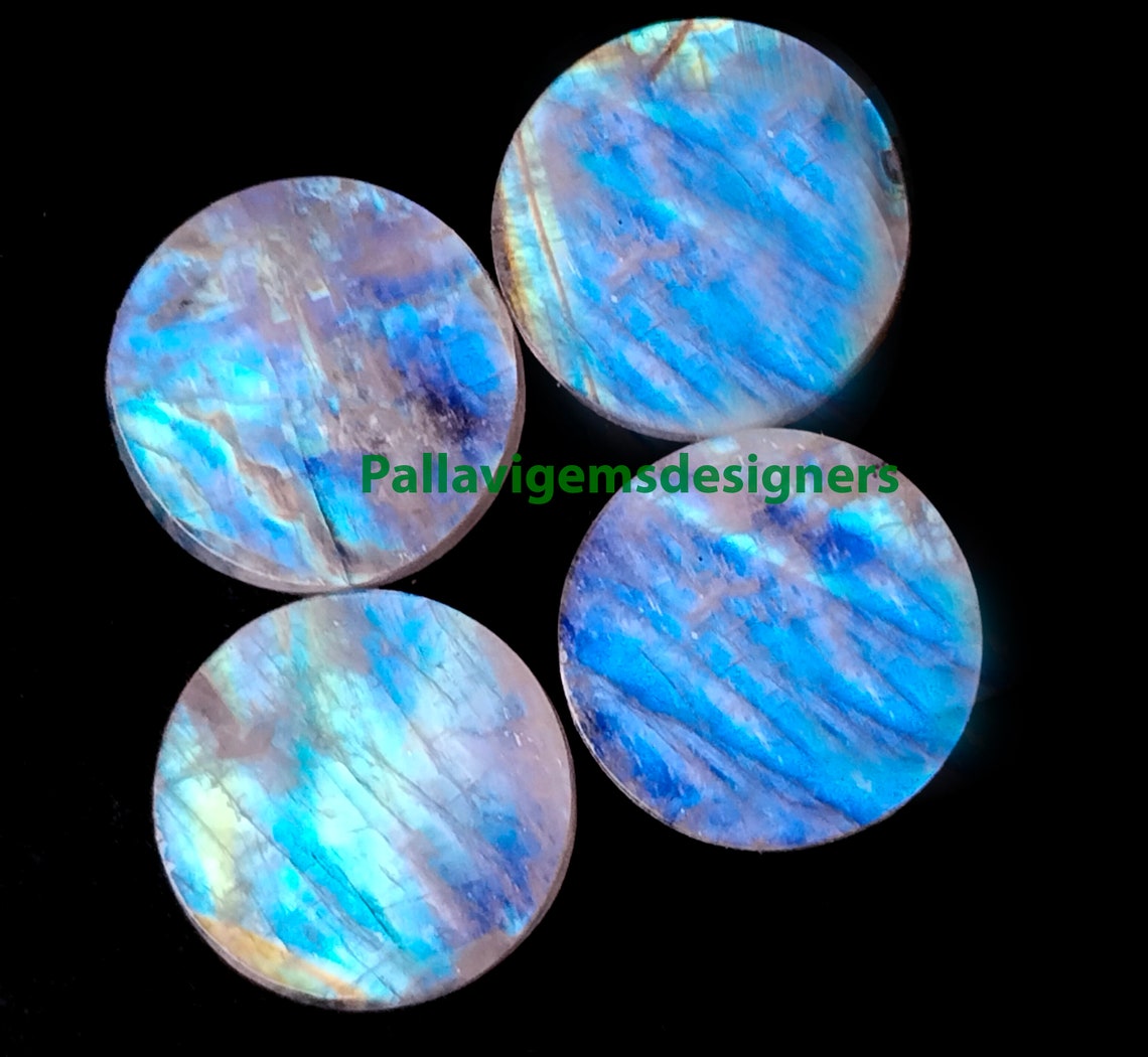 Blue Fired Natural Rainbow Moonstone Calibrated Loose Flat Round Coin ...