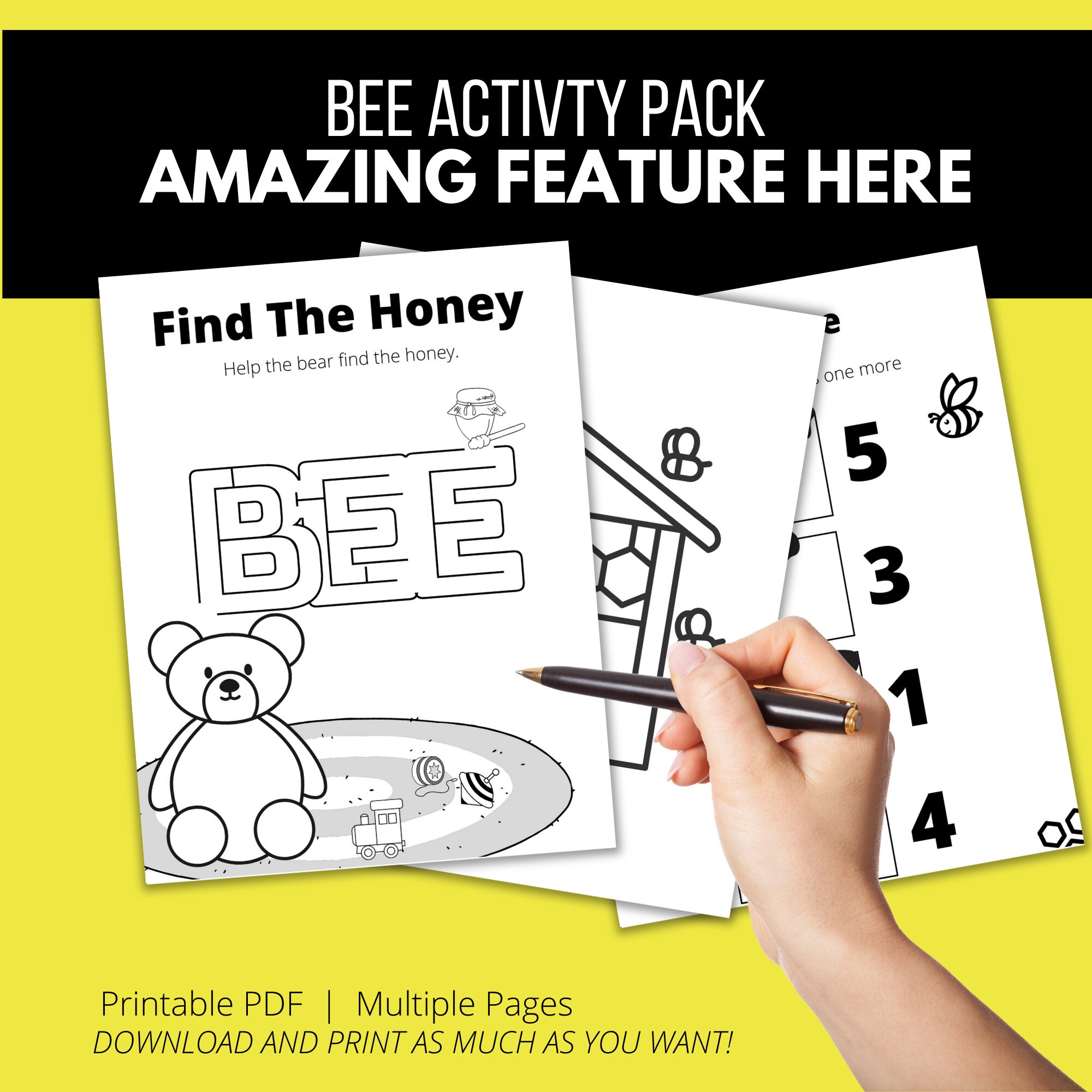 Bee Activity Pack, Kids Printable Worksheets, Coloring Pages, Mazes ...