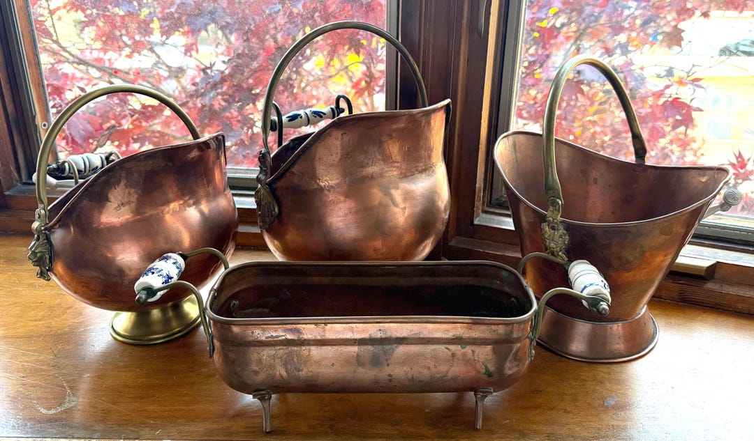 Set of 4 Vintage Copper & Brass Coal Scuttles / Planters / Baskets With ...