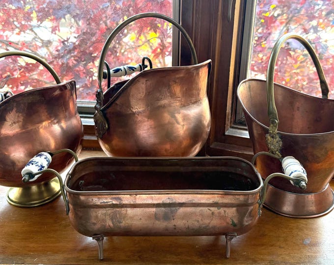 Set of 4 Vintage Copper & Brass Coal Scuttles / Planters / Baskets With ...