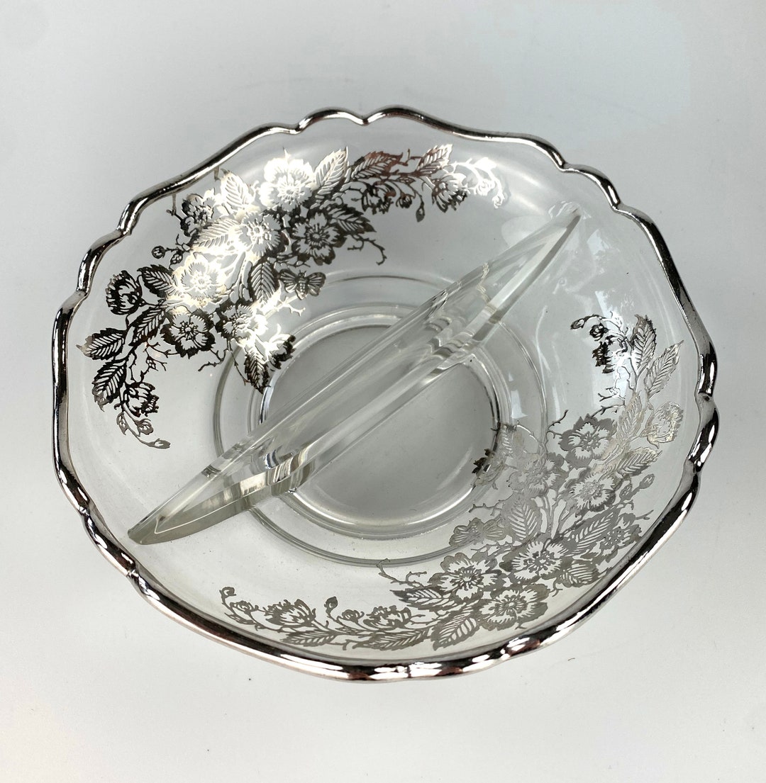 Vintage Glass Dish With Silver Floral Appliqué — Great for Candy, Nuts ...