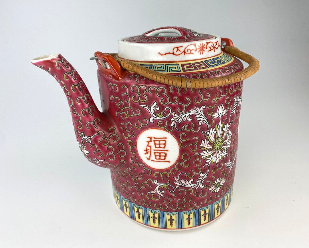 Antique Red Chinese Teapot With Wicker Handles — EXCELLENT CONDITION - Etsy