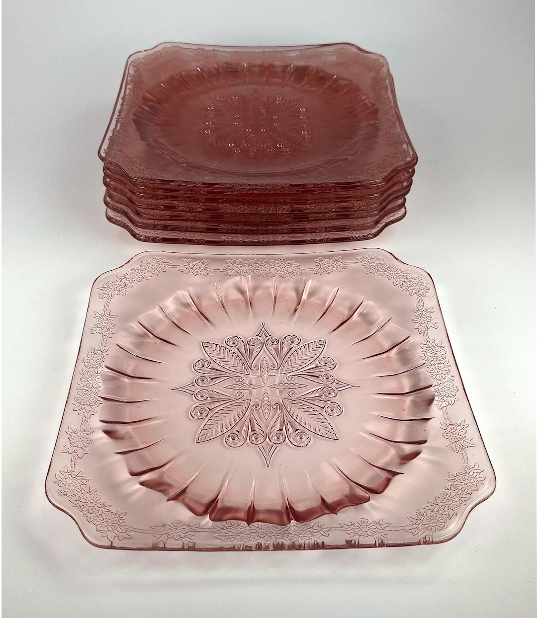 Set of 8 Vintage Pink Depression Glass Square Salad / Dessert Plates ...
