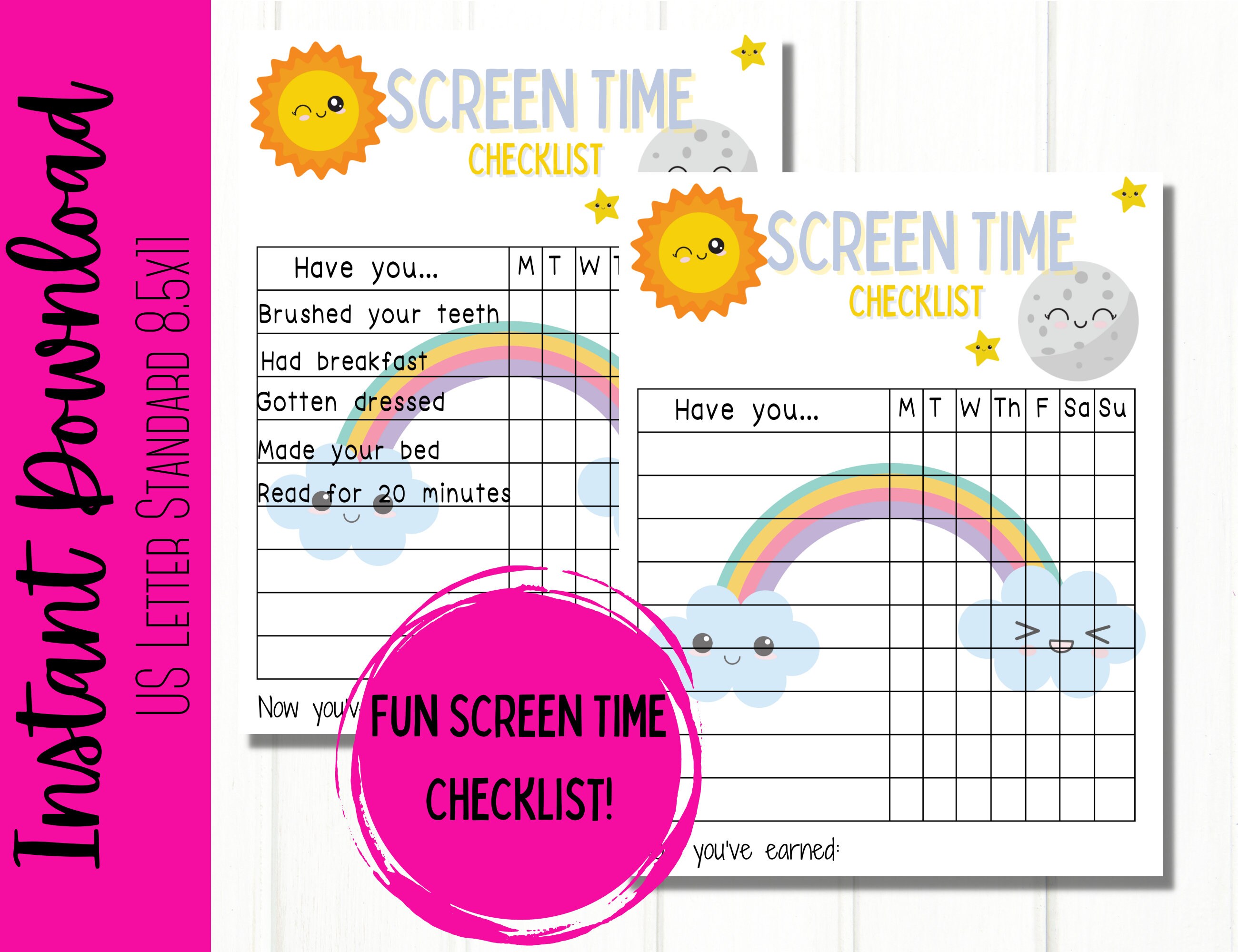 Screen Time Checklist | Cute Reward Chart | Kids Screen Time Checklist ...