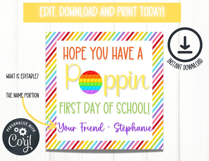 Editable Hope You Have a Poppin First Day of School Tag, First Day ...
