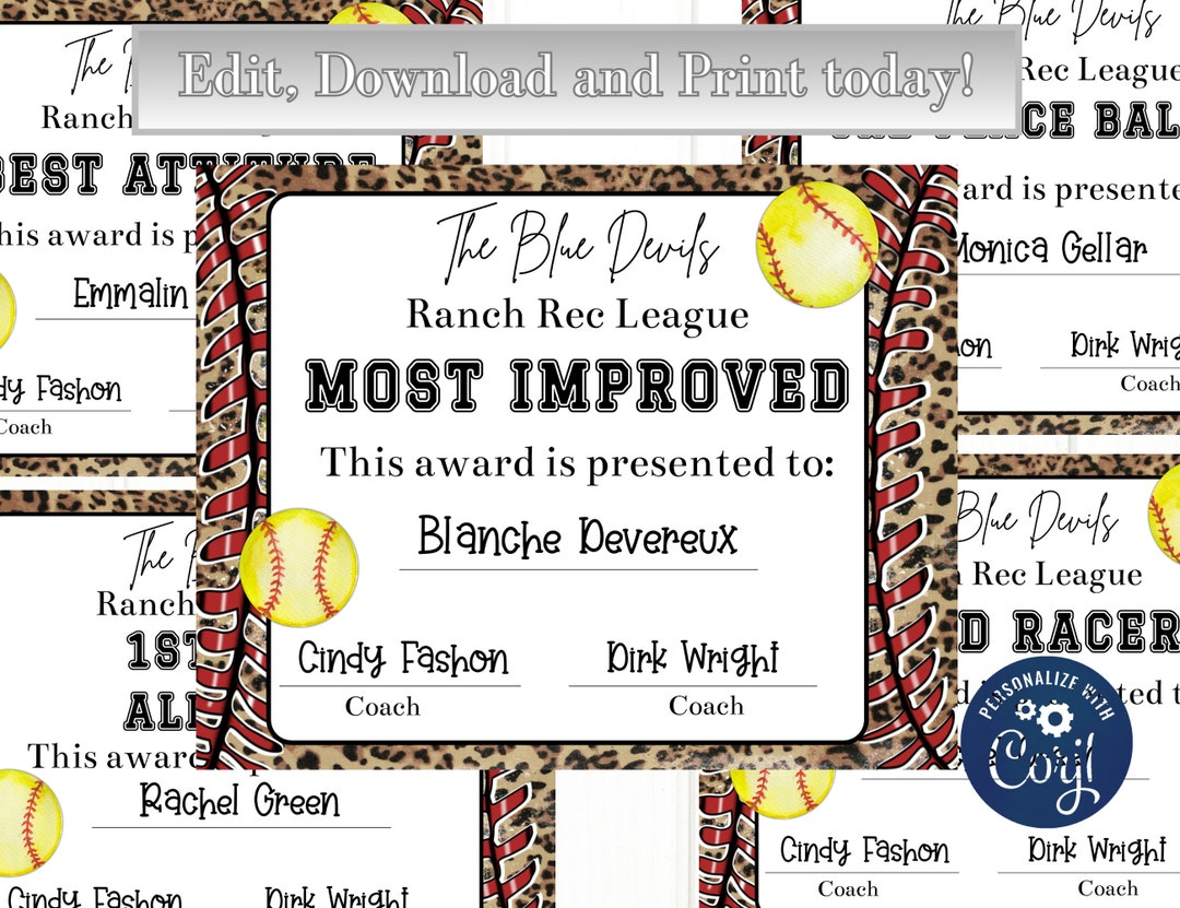 Editable Softball Award Certificates, Softball End of Season Awards 1 ...
