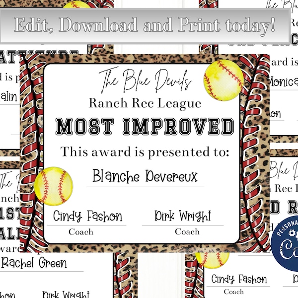 Softball Award Template - Etsy