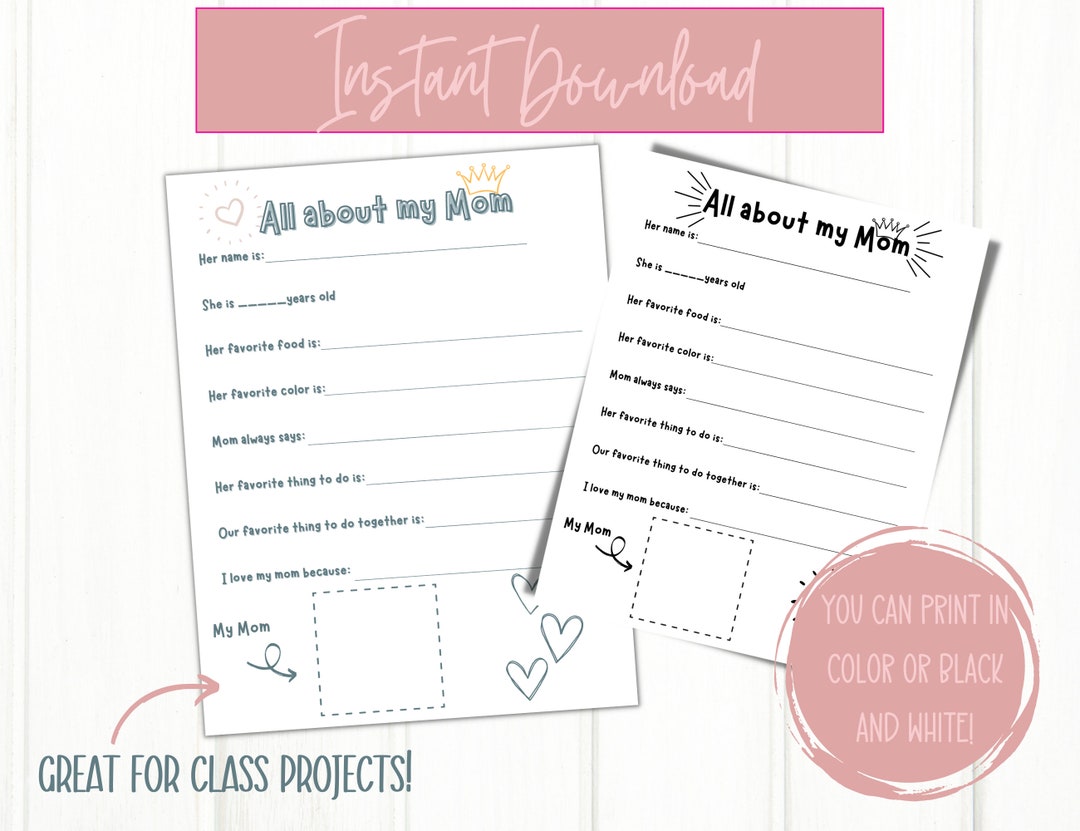 All About My Mom Printable, Mother's Day Questionnaire, Black and White ...