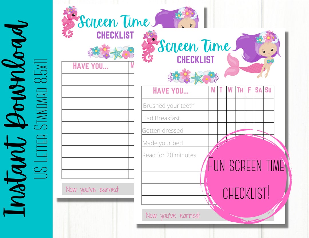 Mermaid Screen Time Checklist | Mermaid Reward Chart | Kids Screen Time ...