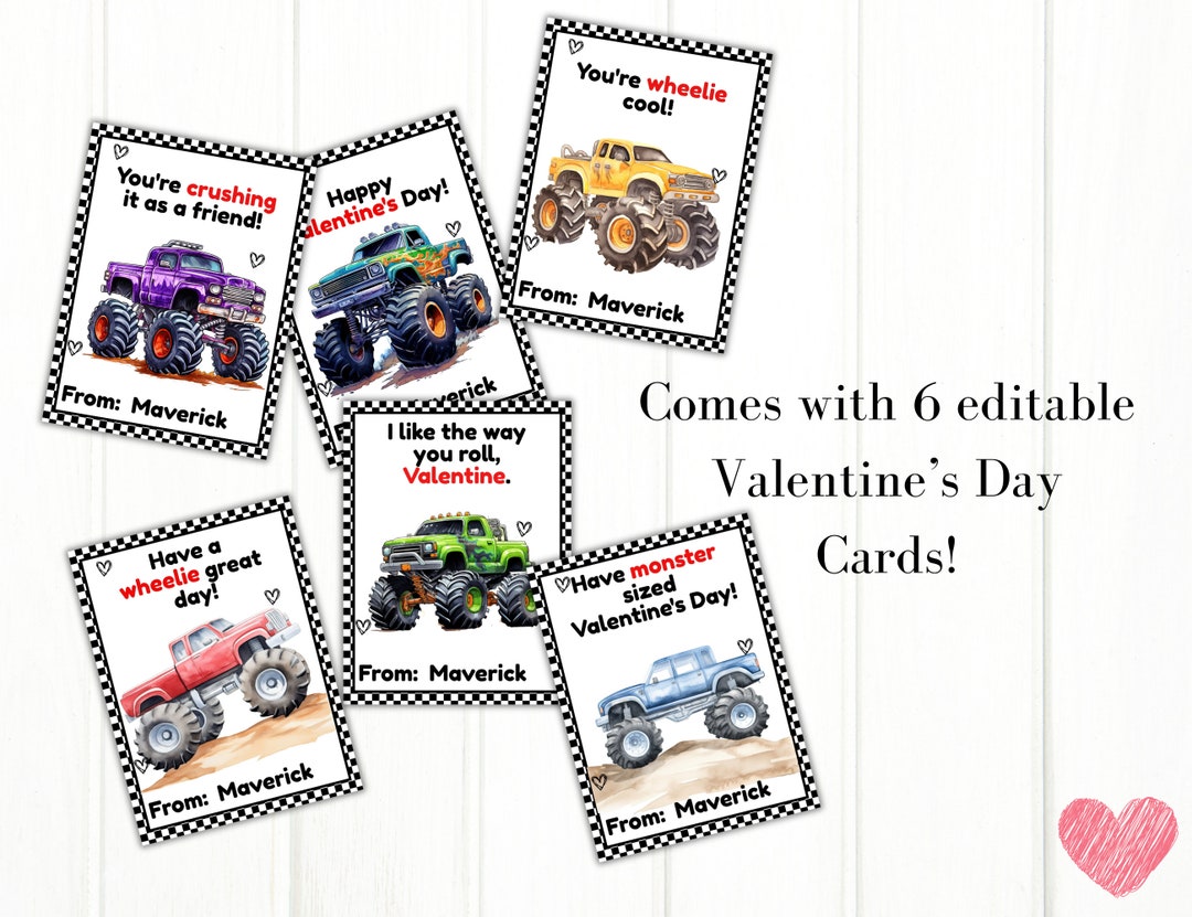 Editable Monster Truck Valentine's Day Cards - Etsy
