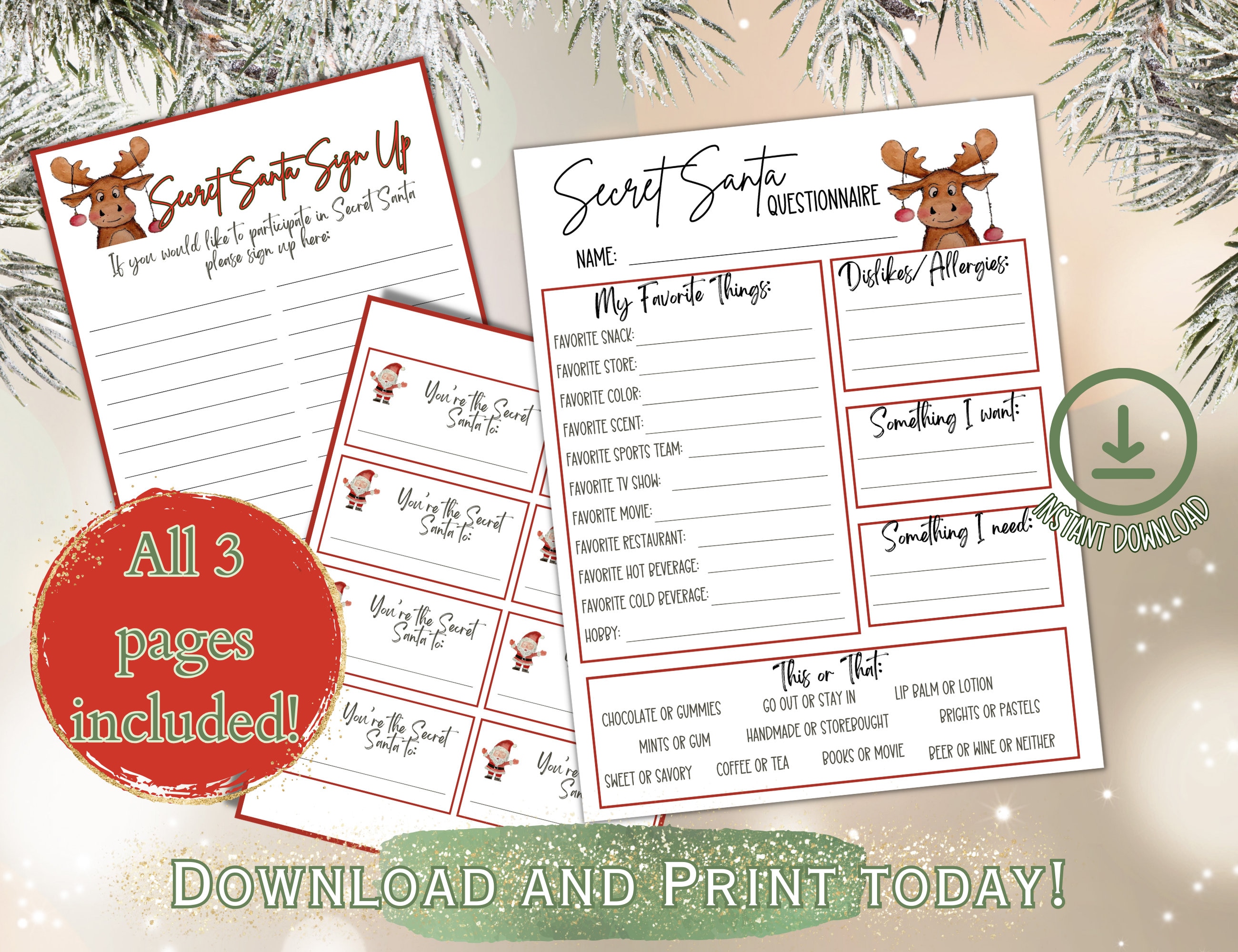 Secret Santa Printable, Printable Secret Santa List, Sign Up, Moose ...