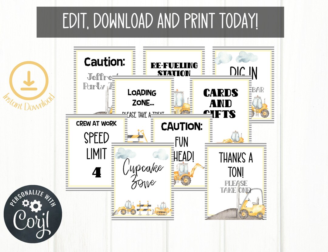 Editable Construction Theme Signs, Construction Party Signs, Birthday ...