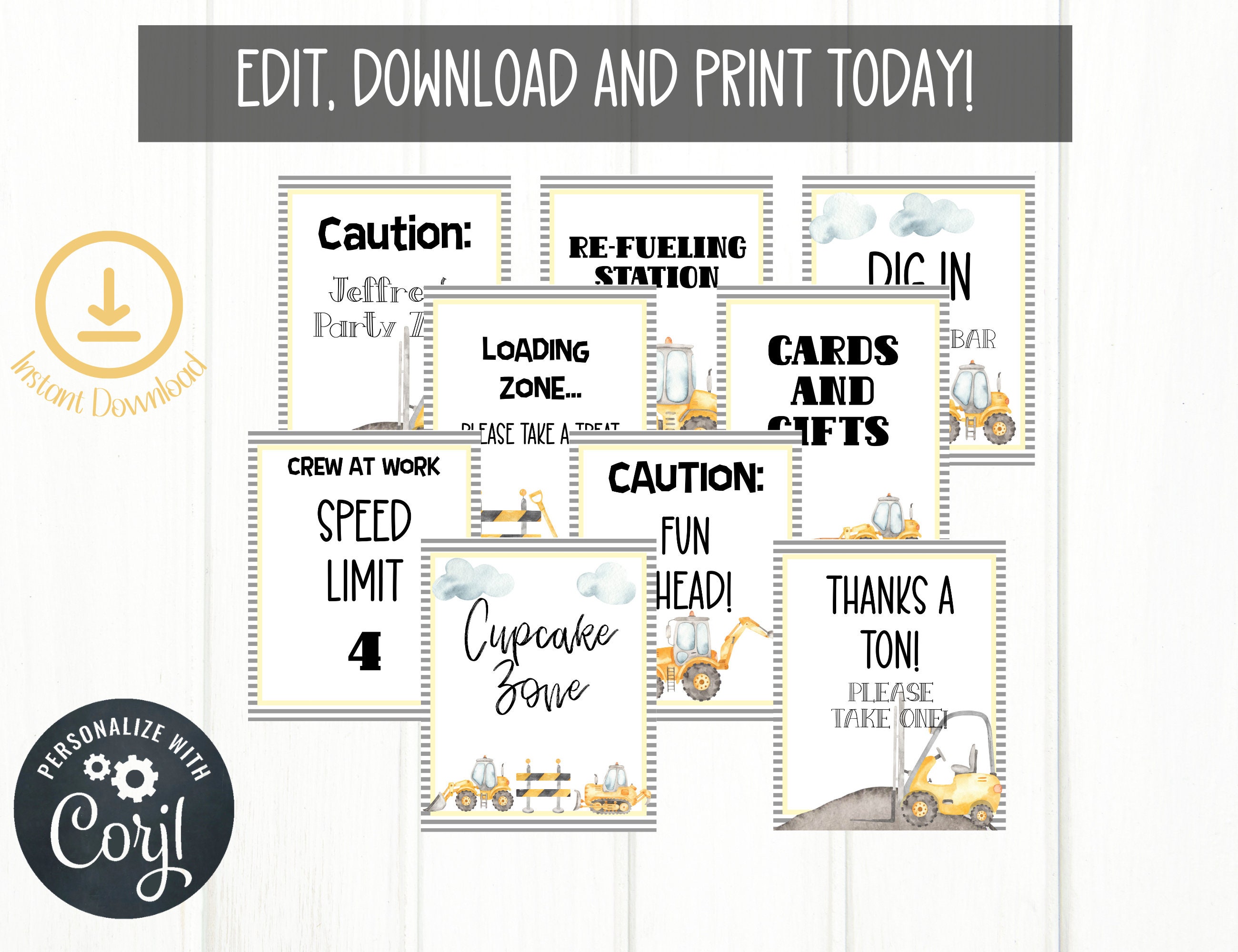 Editable Construction Theme Signs, Construction Party Signs, Birthday ...