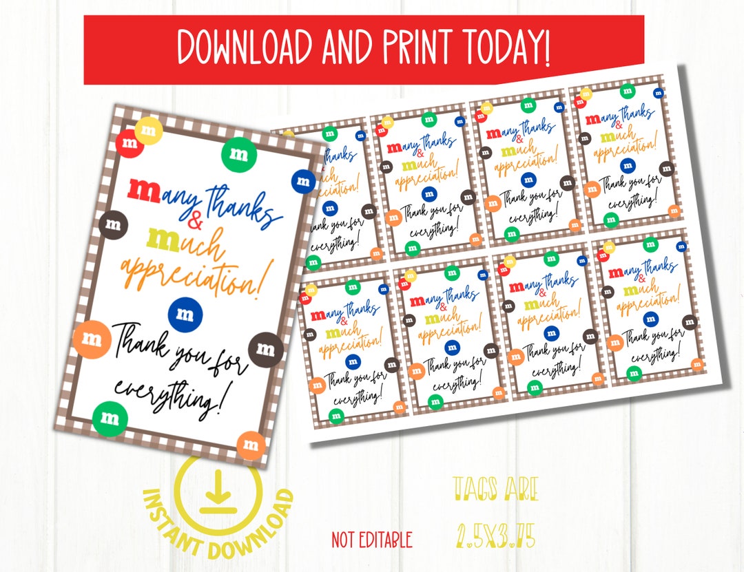 Many Thanks and Much Appreciation, M&M Thank You Tag, Teacher Appreciation, Employee ...