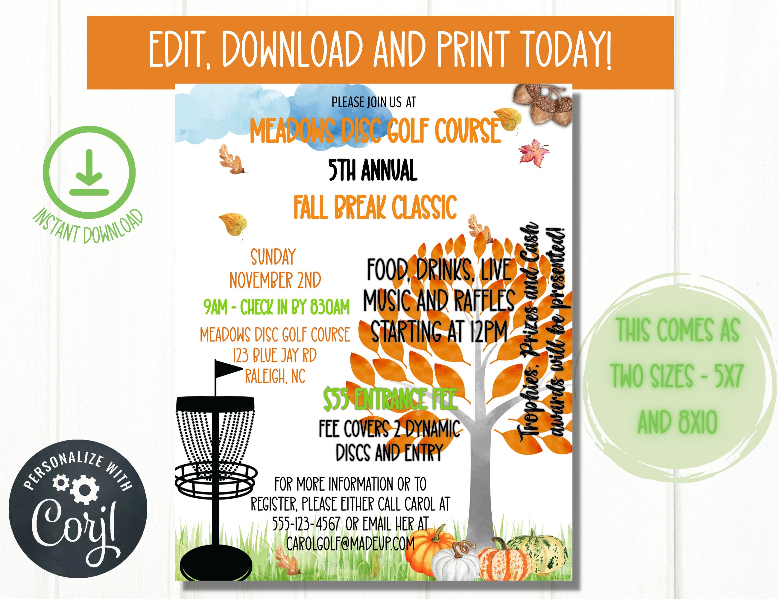 Disc Golf Fall Flyer, Disc Golf Party, Disc Golf Fundraiser, Fall Flyer ...