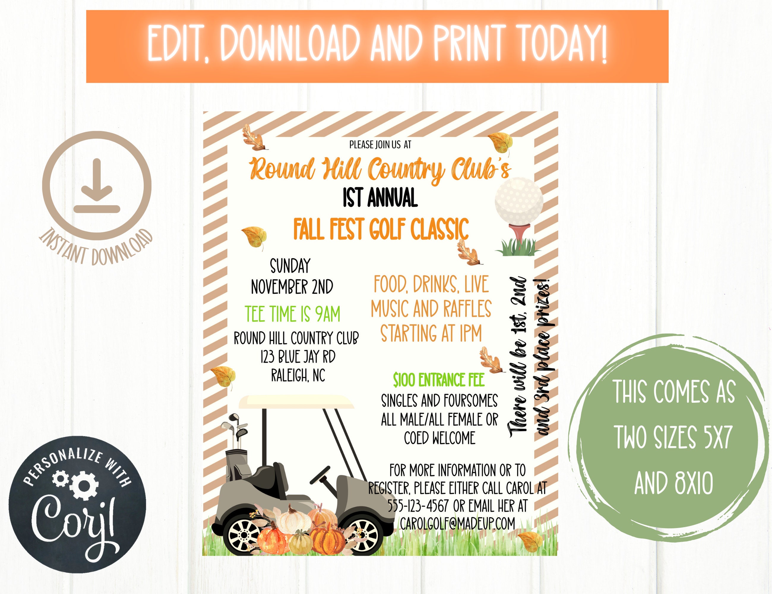 EDITABLE Fall Festival Golf Tournament Flyer, Golf Fundraiser Flyer ...