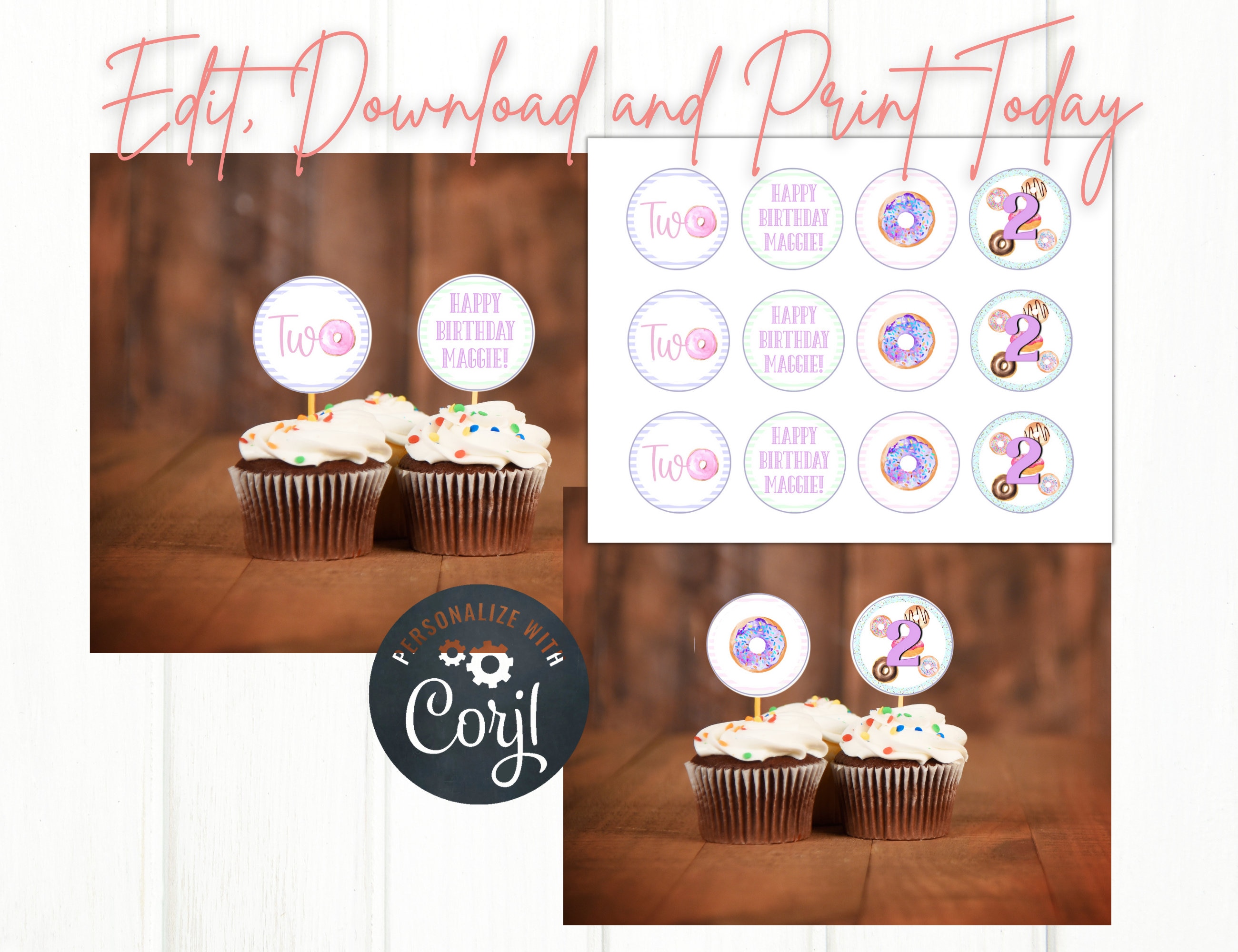 Editable Two Sweet Cupcake Toppers, Two Sweet Decor, Birthday Decor ...